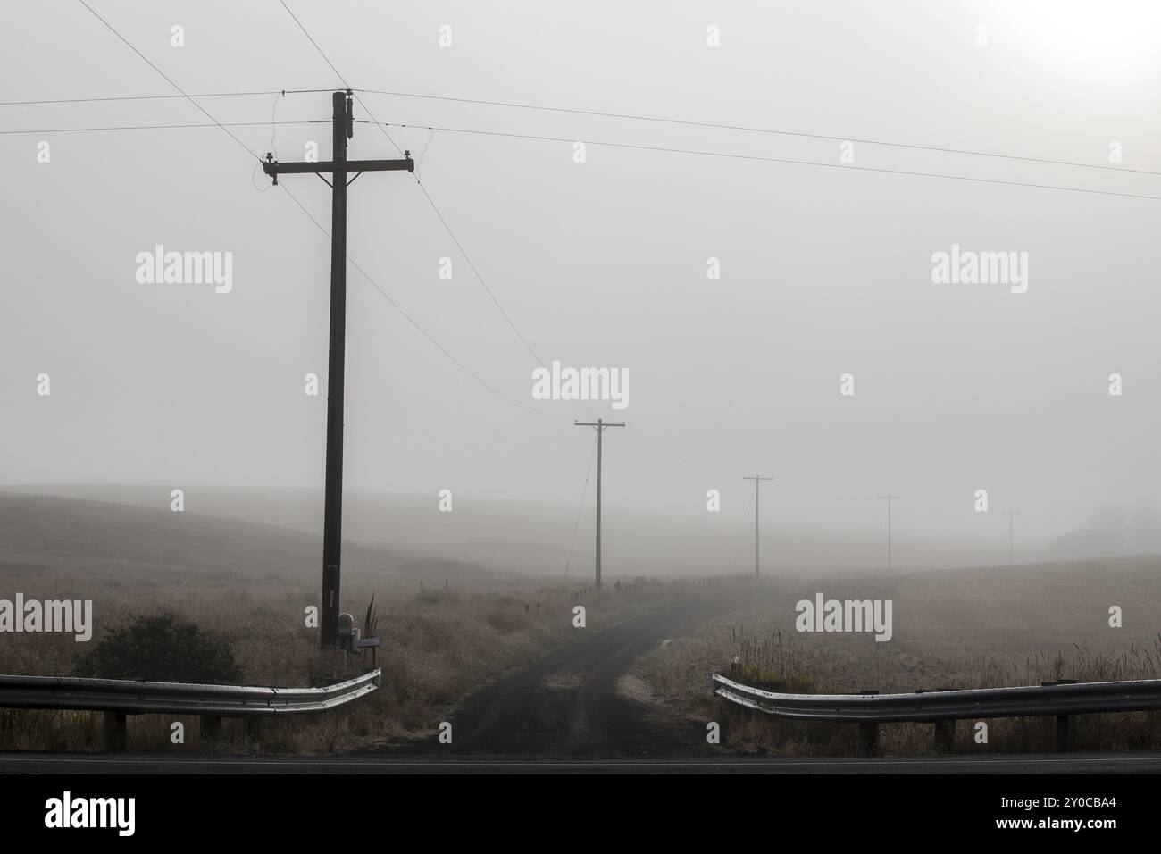 A photo of an early morning filled with fog at a country road in ...