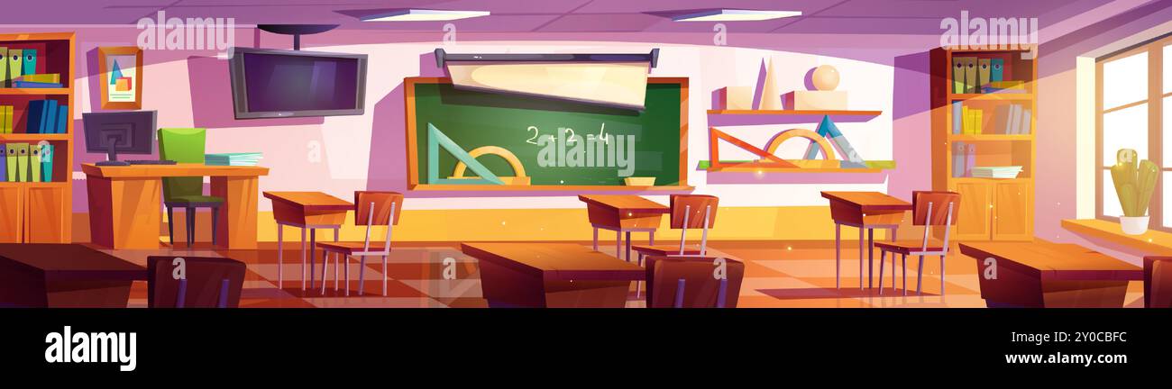 Empty school classroom interior with desk vector. College class room ...