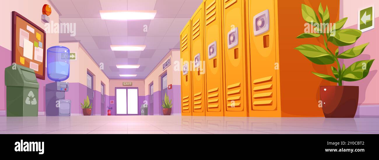 School corridor interior with locker in building. College hallway ...