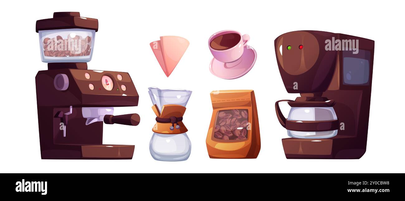 Coffee maker set for cafe barista design. Cartoon vector illustration ...