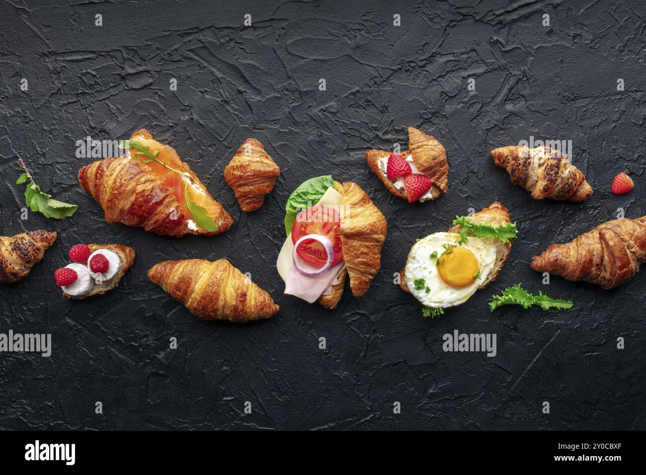 Croissant sandwich variety. Different stuffed croissants, top shot on a ...