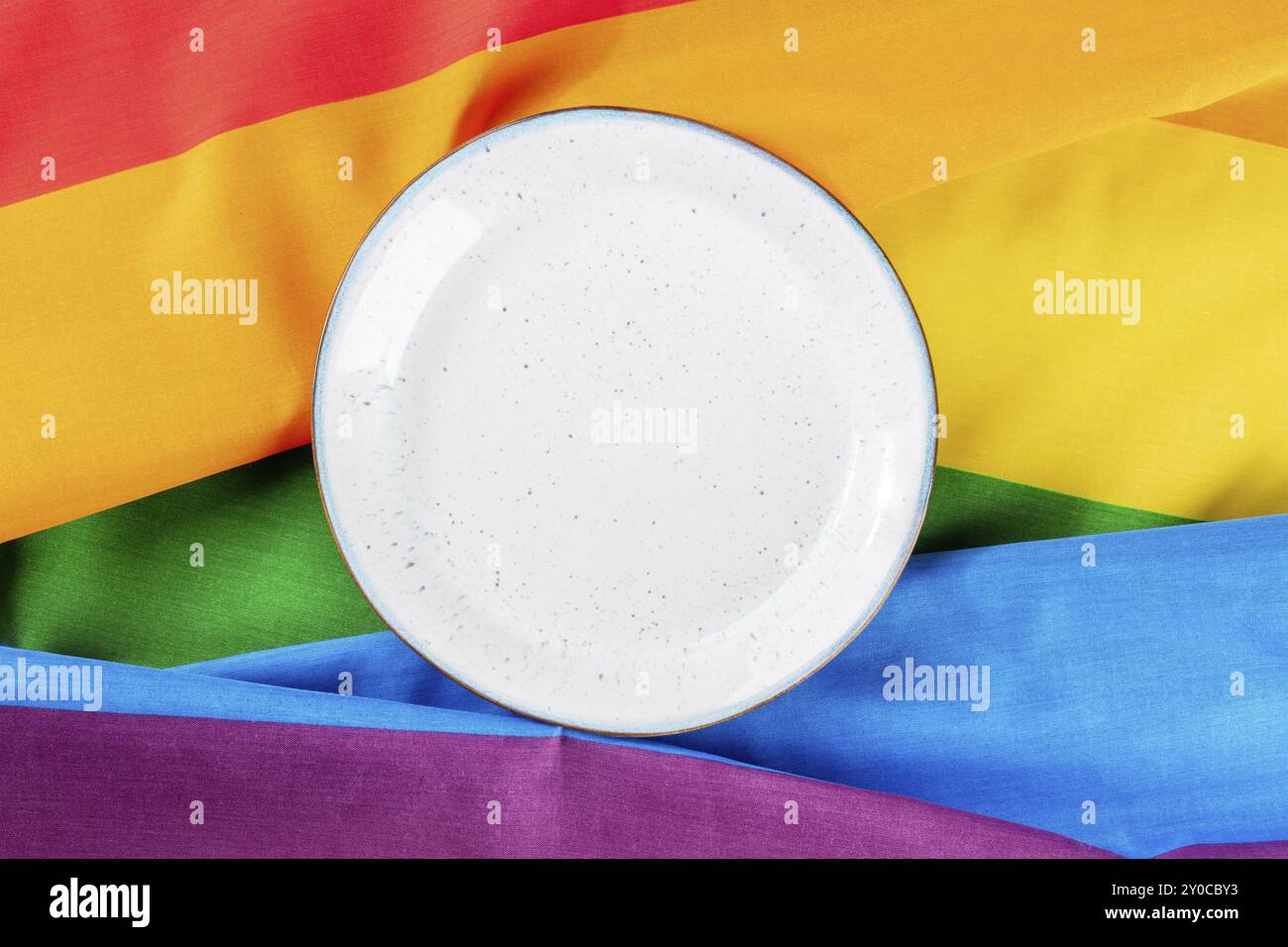 Gay food concept. A plate, overhead flat lay shot on the LGBTQ rainbow ...