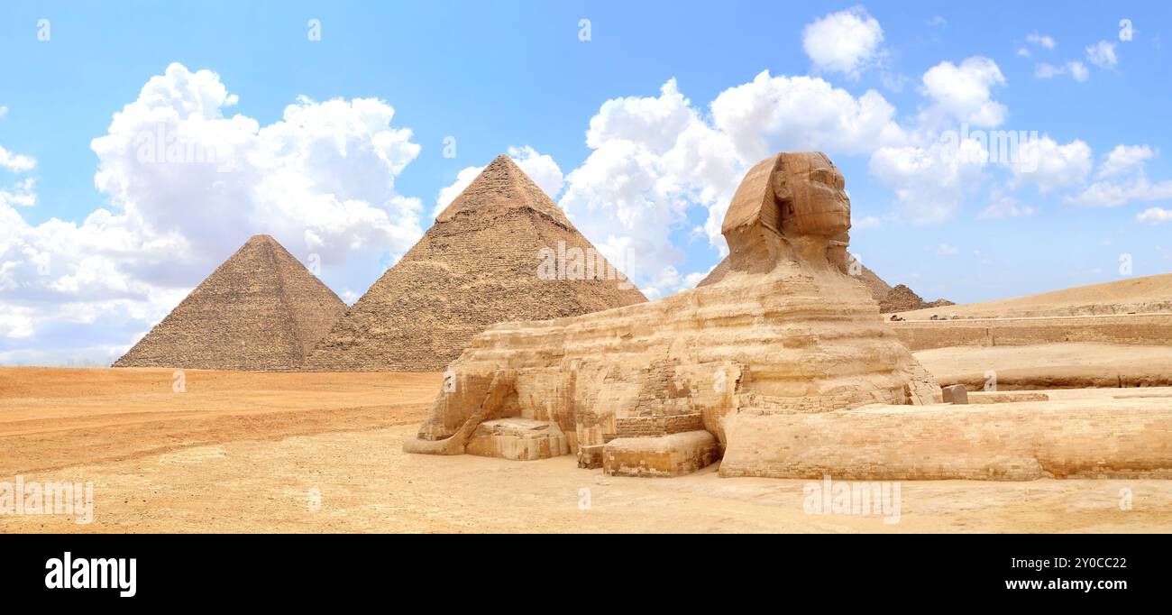 Famous Great Sphinx and pyramids of Chephren and Cheops, Cairo, Egypt ...