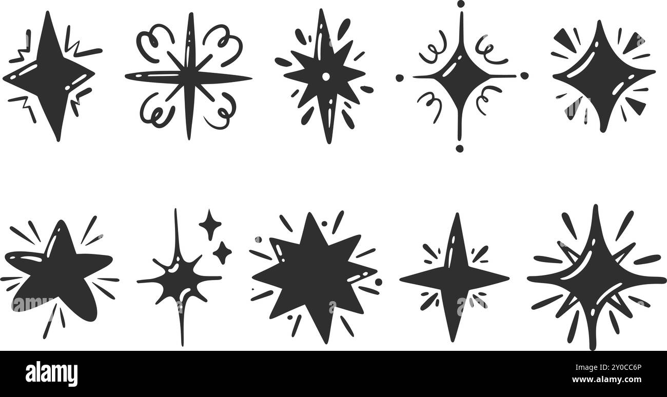 Star icons with glitter and sparkles. Vector shiny magic hand drawn ...