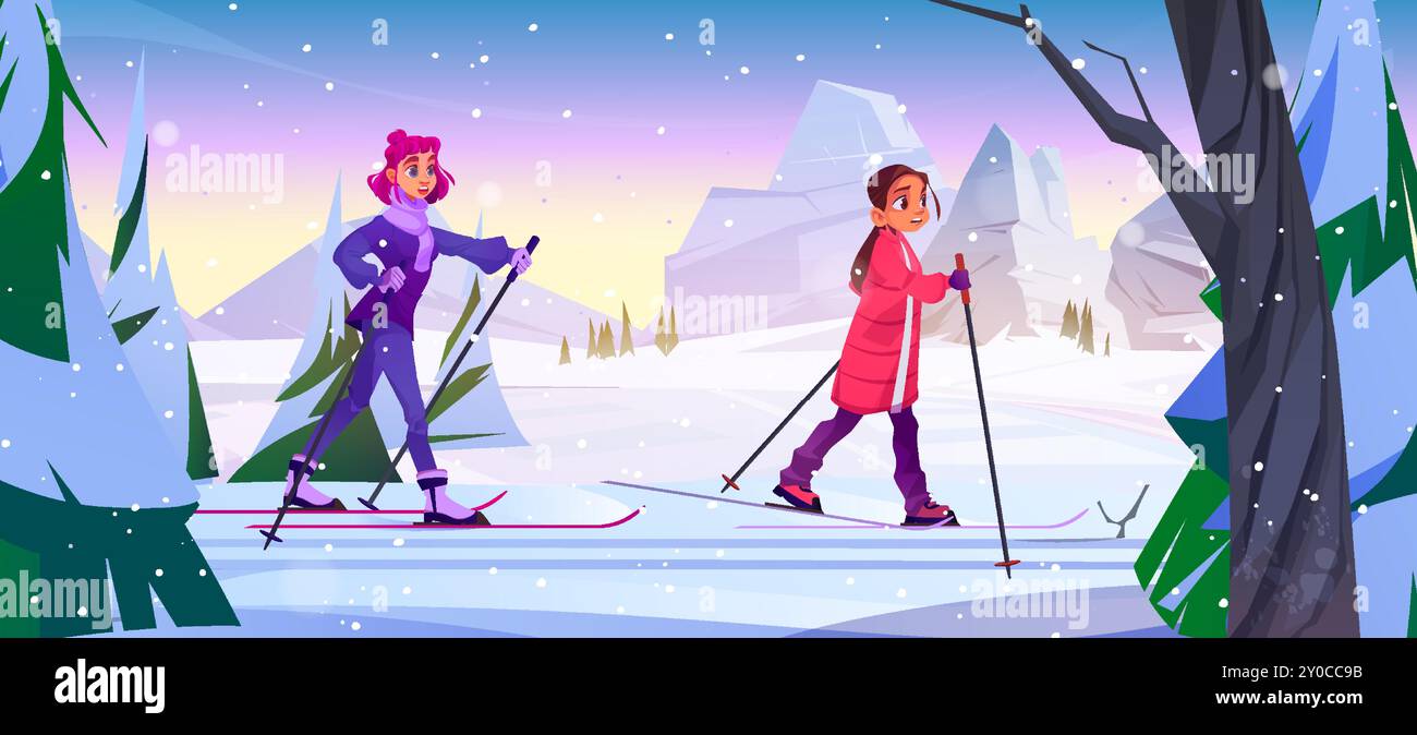 Mother with daughter hiking in winter mountain. Trekking and ski ...