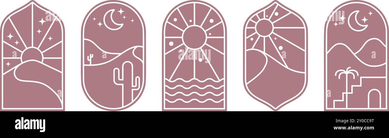 Desert boho logo with sun and mountains. Vector abstract bohemian ...