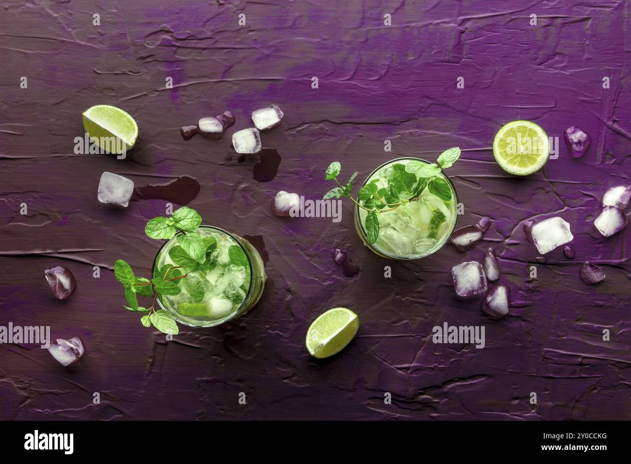 Mojito cocktail, overhead flat lay shot. Summer cold drink with lime ...