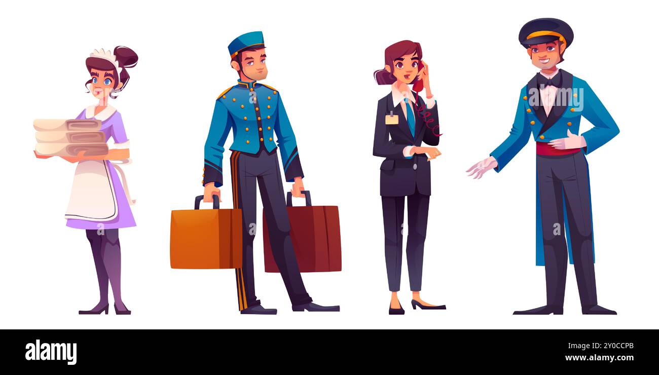Hotel staff and restaurant manager in uniform. Concierge character ...