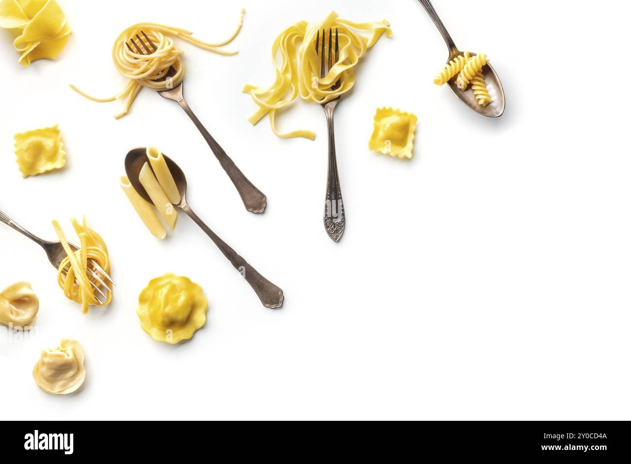 Various pasta forks. Spaghetti, fusilli, penne and other shapes of ...