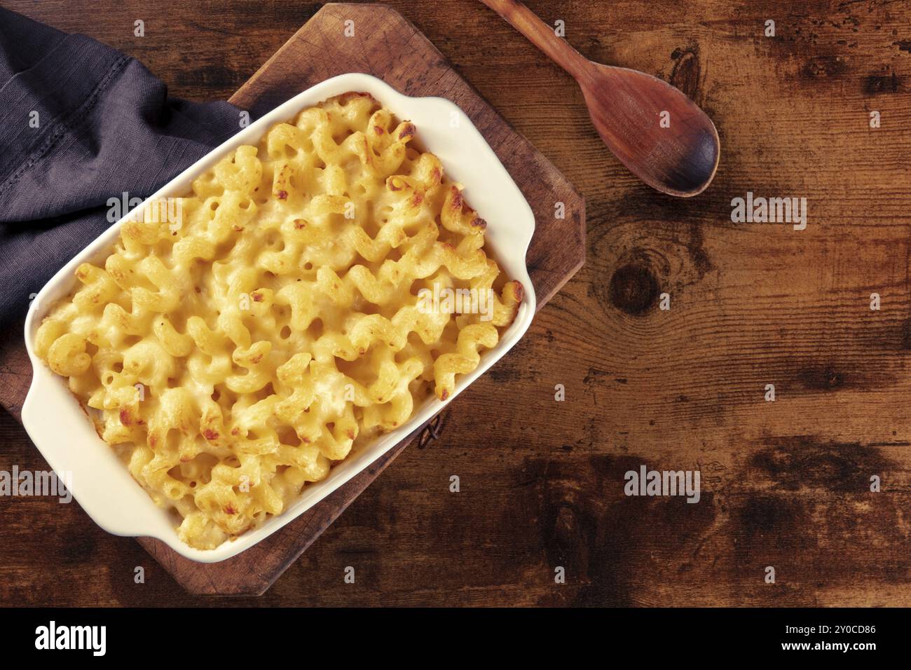 Macaroni and cheese pasta in a casserole, overhead flat lay shot on a ...