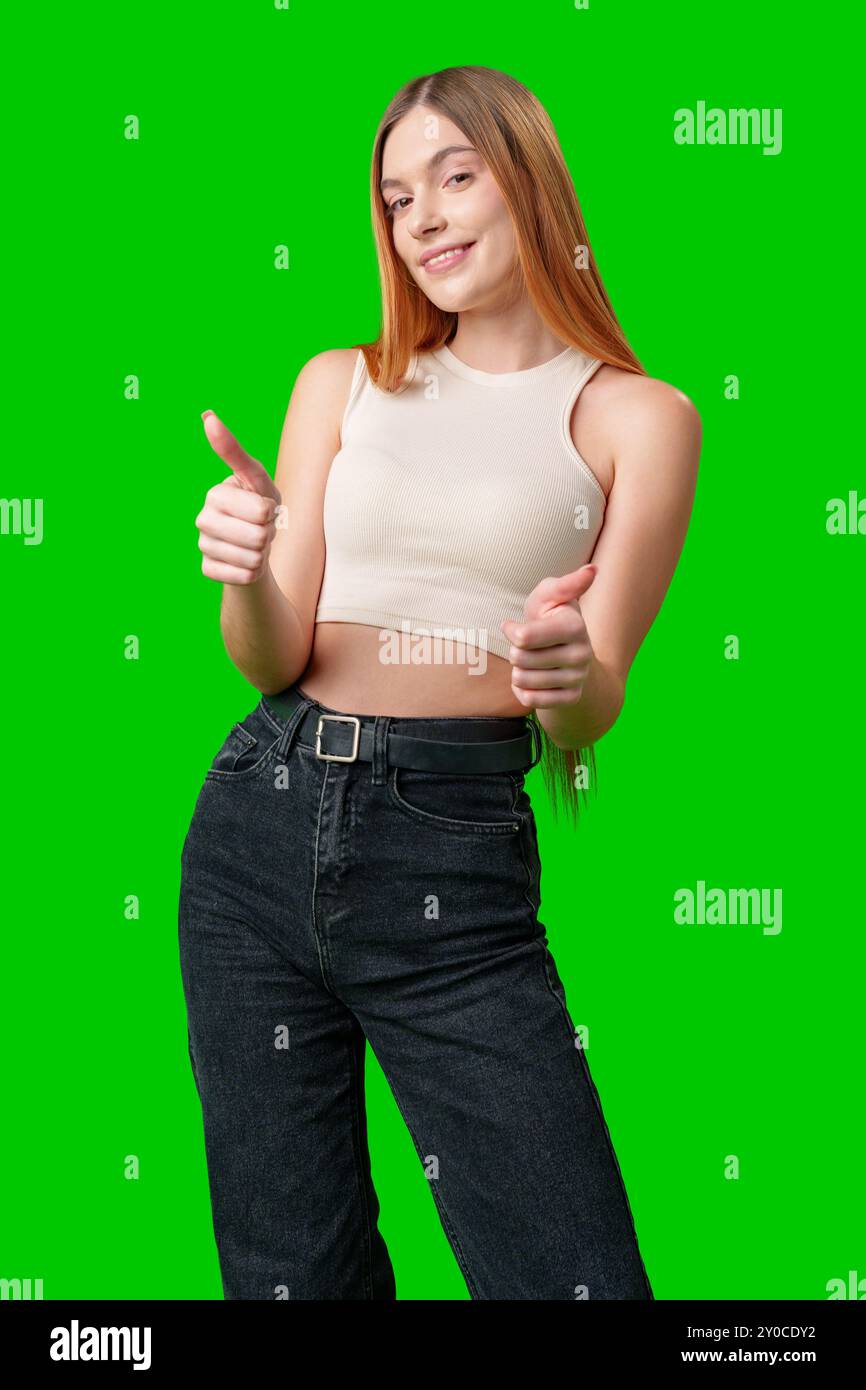 Young Woman With Long Hair Gesturing Okay Sign in Front of Green Screen ...