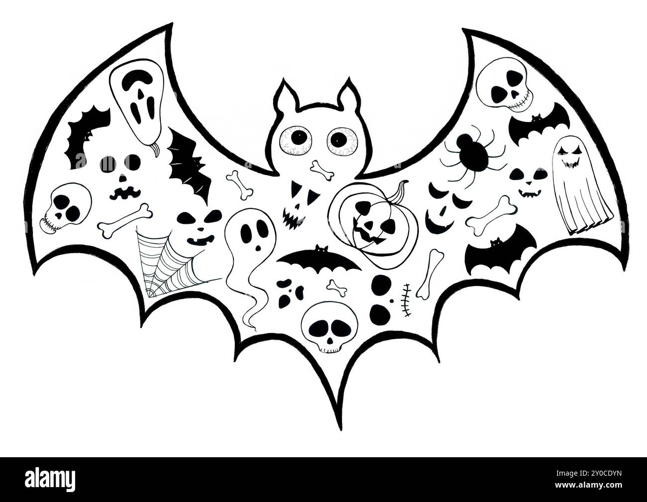 Doodle set of Halloween symbols inscribed in the silhouette of a bat ...