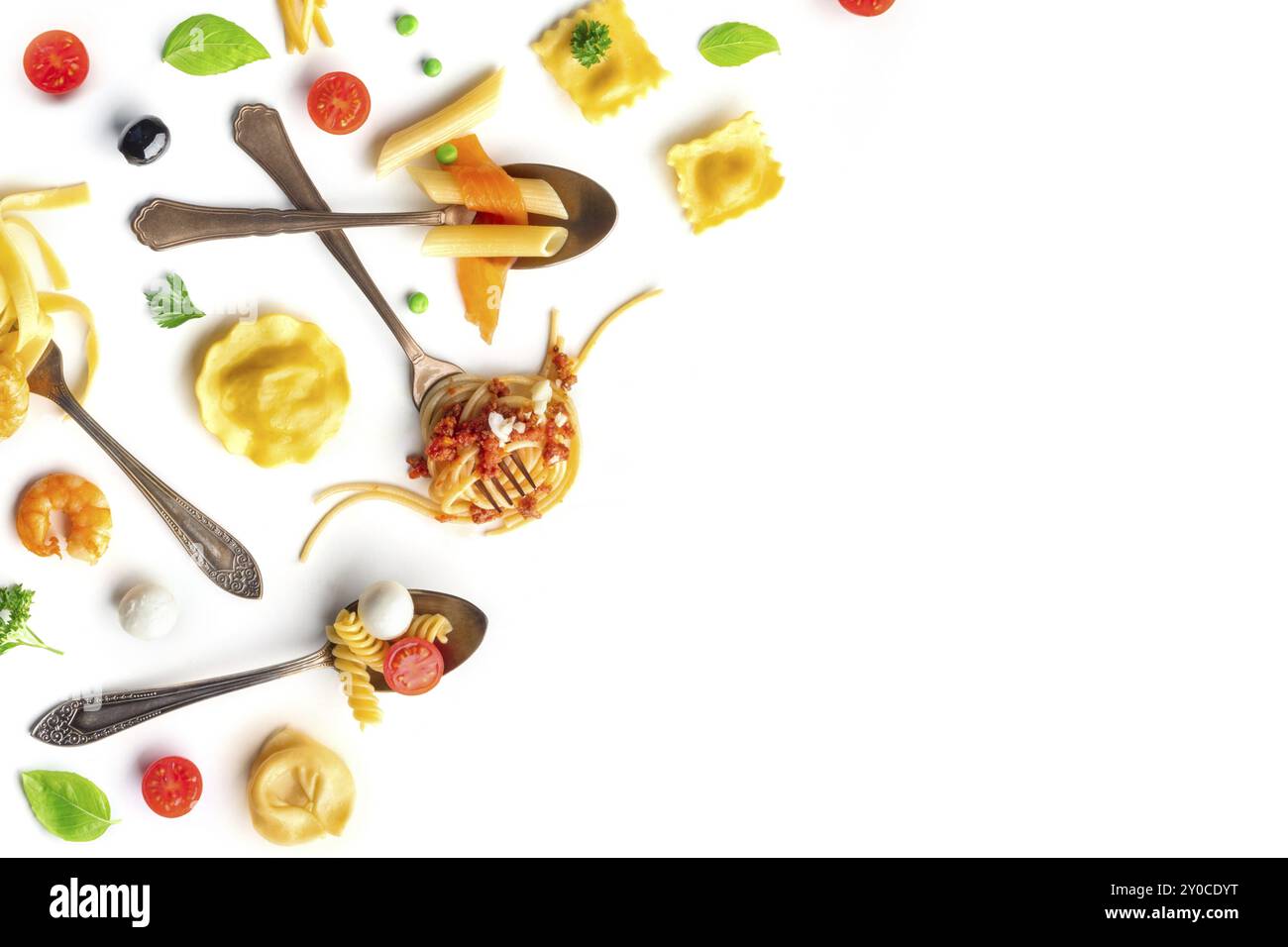Various pasta forks panorama. Spaghetti, fusilli, penne and other ...