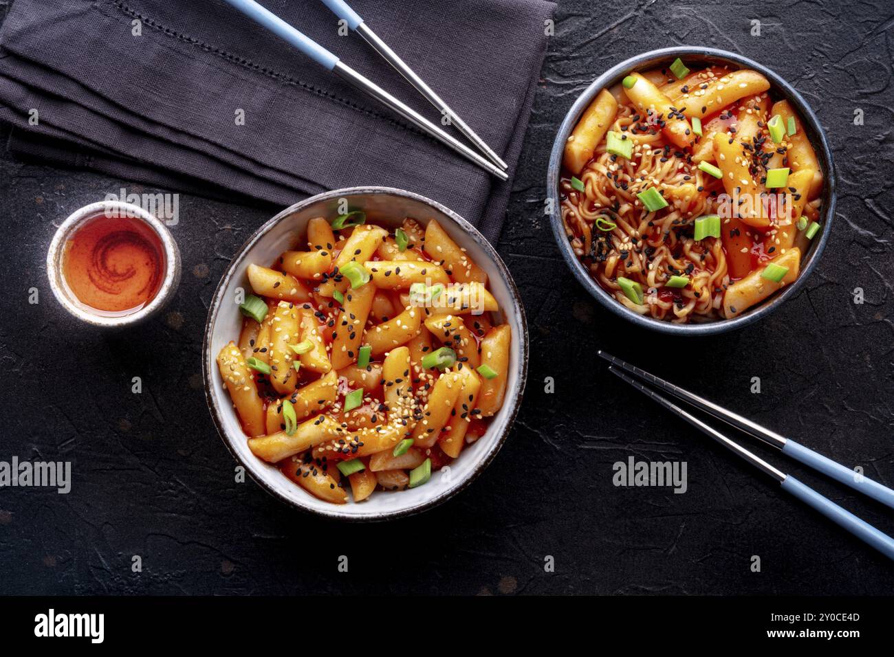 Tteokbokki or topokki and rabokki, Korean street food, spicy rice cakes ...