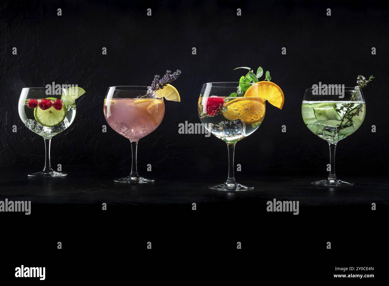 Fancy cocktails with fresh fruit, herbs, and flowers. Gin and tonic ...