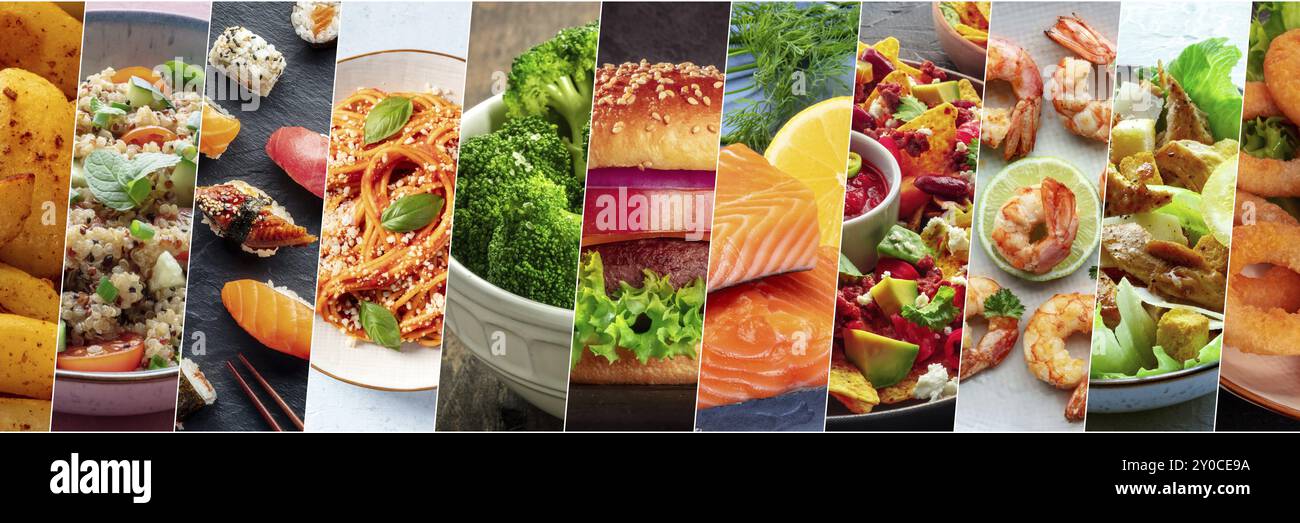 Food collage layout. A variety of dishes, a collection for a restaurant ...
