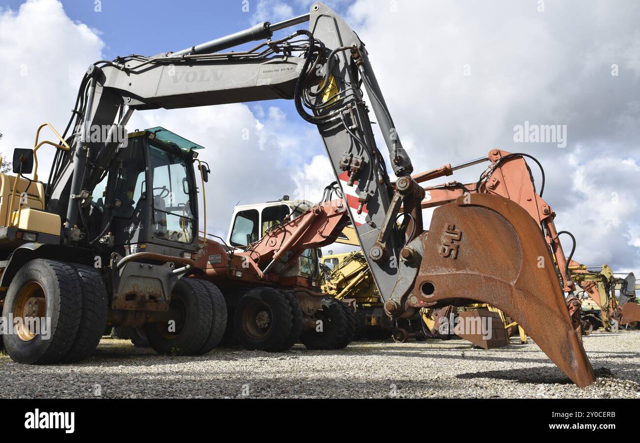 Wheeled excavator, excavator on a construction site, Denmark, Europe ...