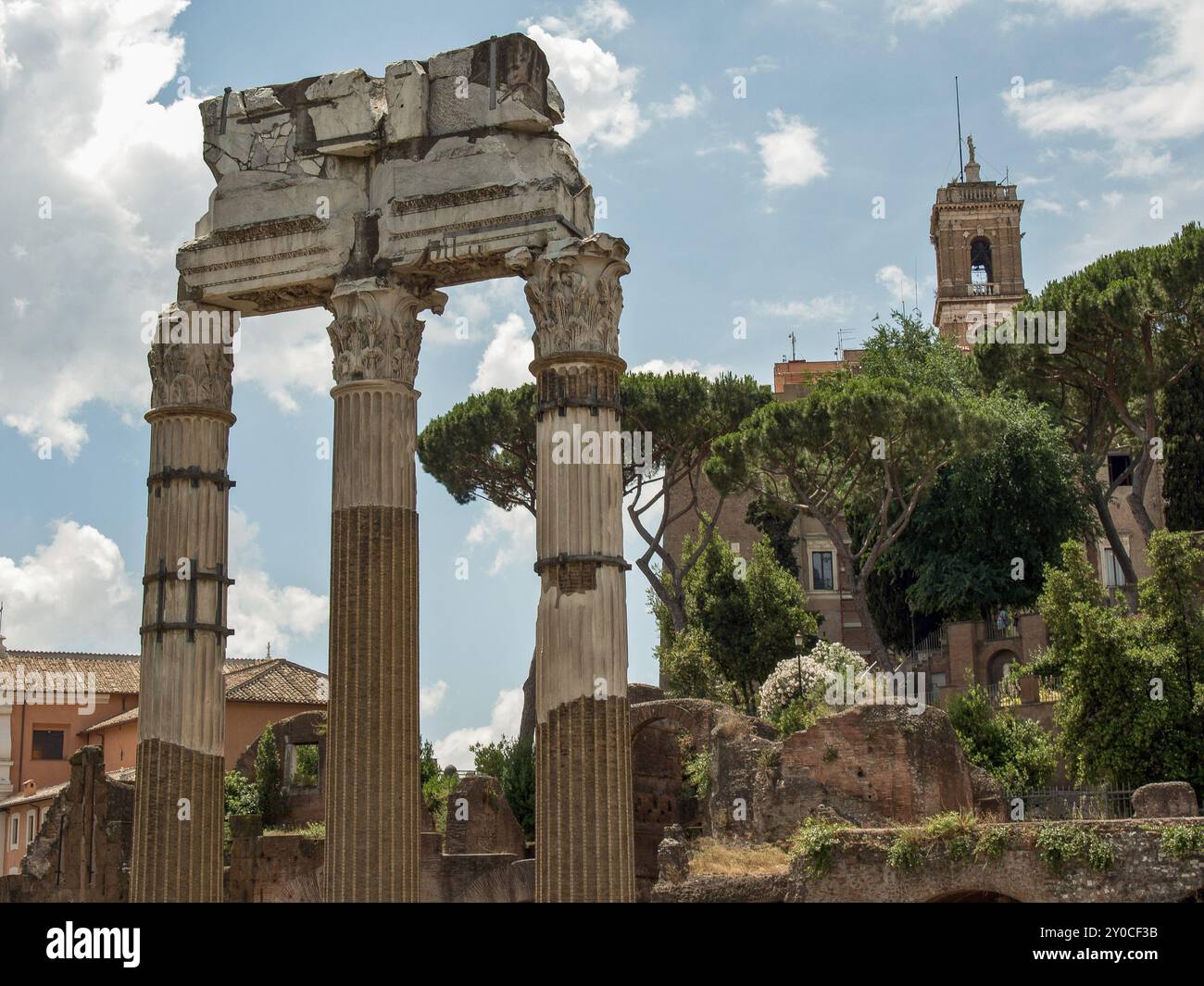 Ancient columns against a green background with trees under a cloudy ...