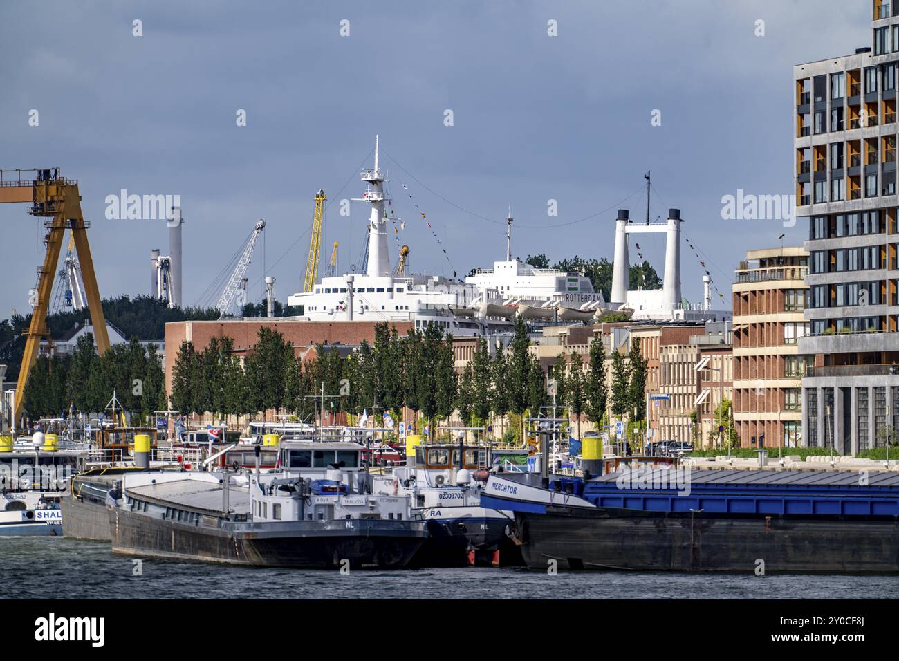 View over the harbour basin of the Maashaven, inland waterway port ...