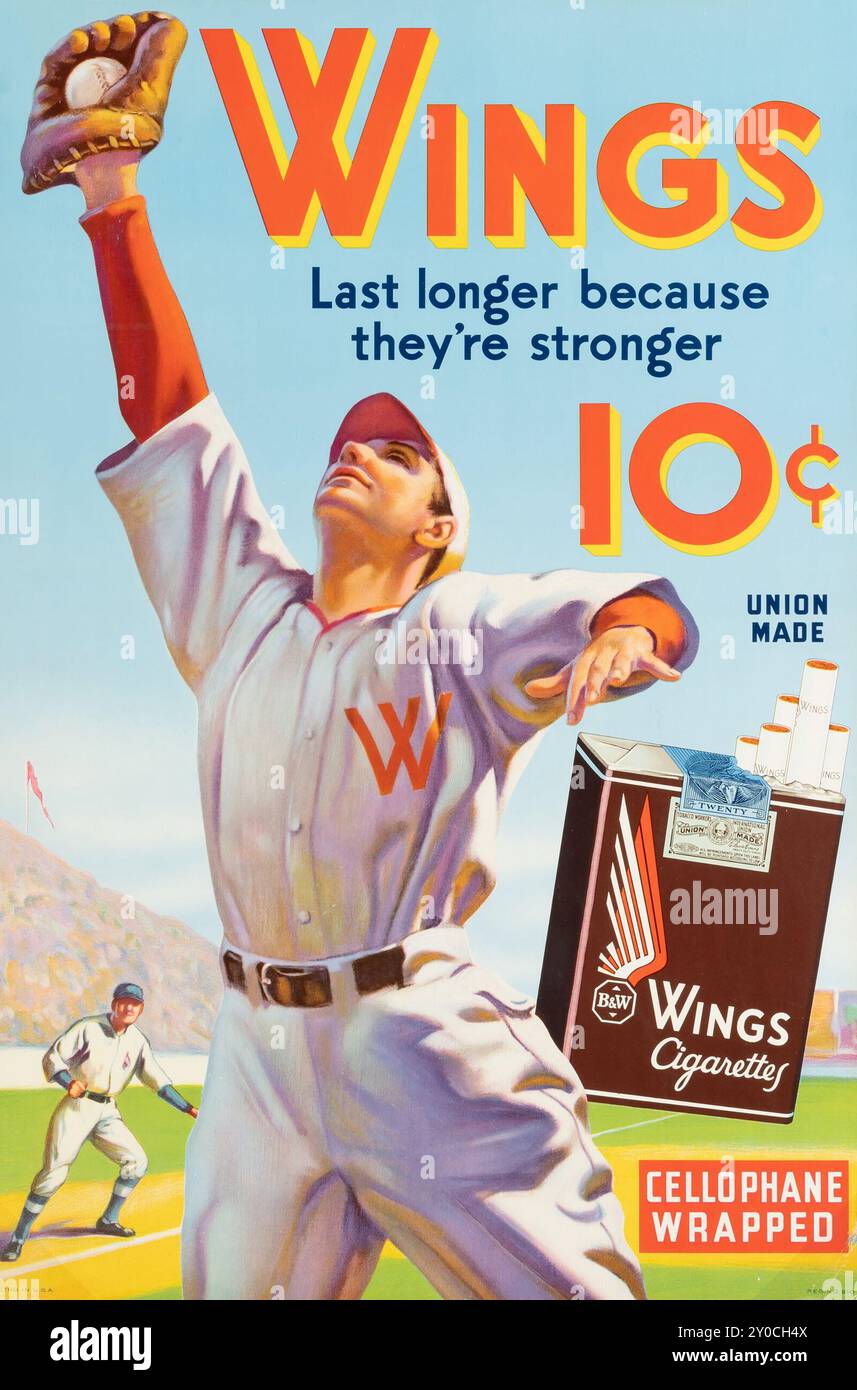 1930's Wings Cigarettes - Baseball Advertising Broadside, 10 cents ...