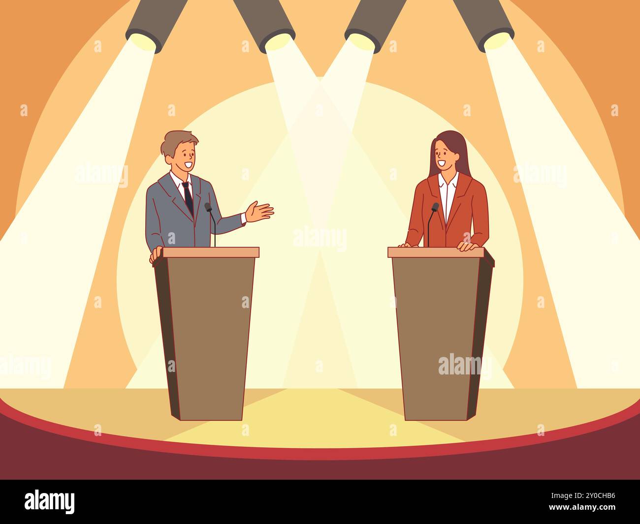 Politicians on stage. Opponents debate behind wooden pedestals, public ...