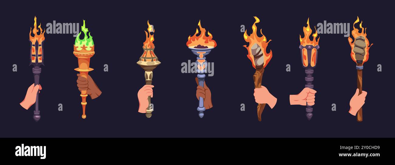 Human hands hold burning torches. Competition victory symbols, sport ...