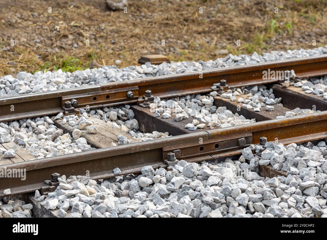 Rail Joint Two New Train Track Rails Joined Together Temporarily With Screws Before Final