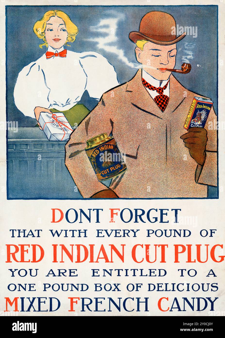 Vintage tobacco poster shows man holding packages of Red Indian cut ...