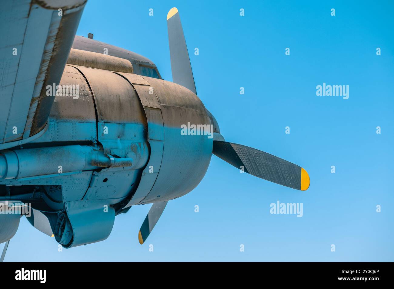 Old piston type aeroplane engine viewed from below and back. Visible ...