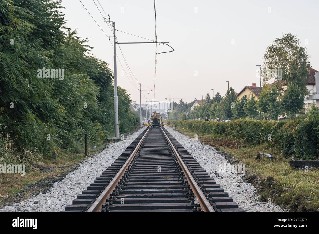 Fresh track and ballast on a track bed at a renovation works of a ...