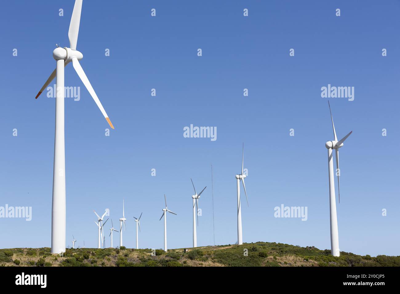 Wind turbines on the island of Madeira, Portugal, Europe Stock Photo ...