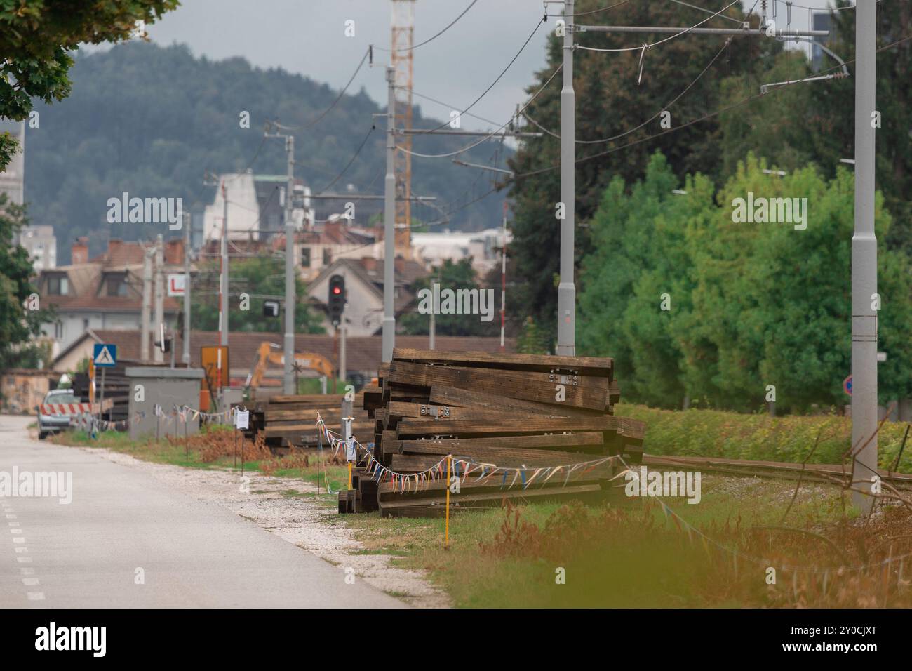 Renovating a railroad track. Workers removed tracks, sleepers and first ...