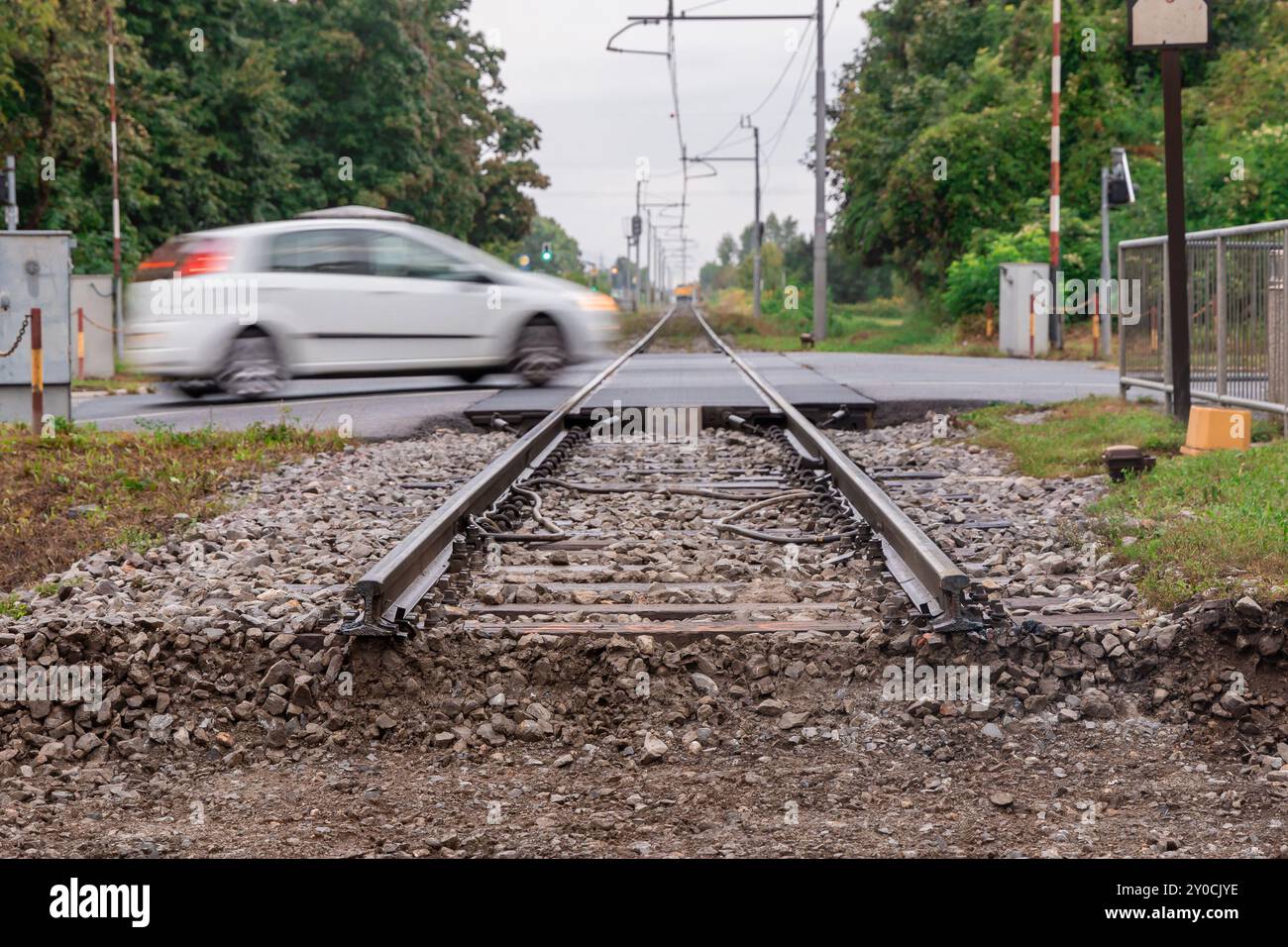 Cut away train tracks just before a grade crossing. Renovation of a ...