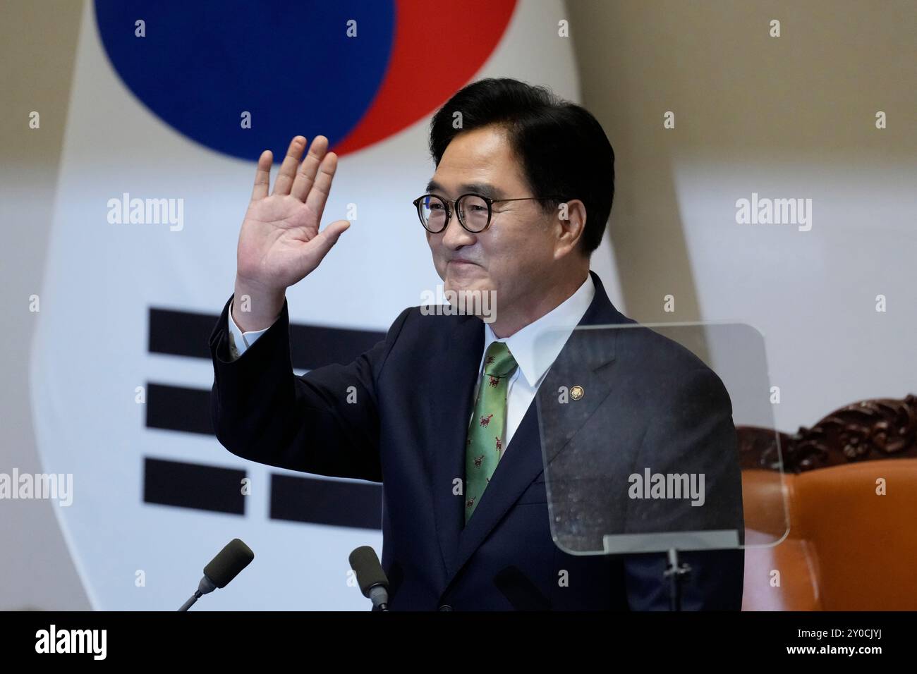 South Korea's National Assembly Speaker Woo Won-shik waves during the ...