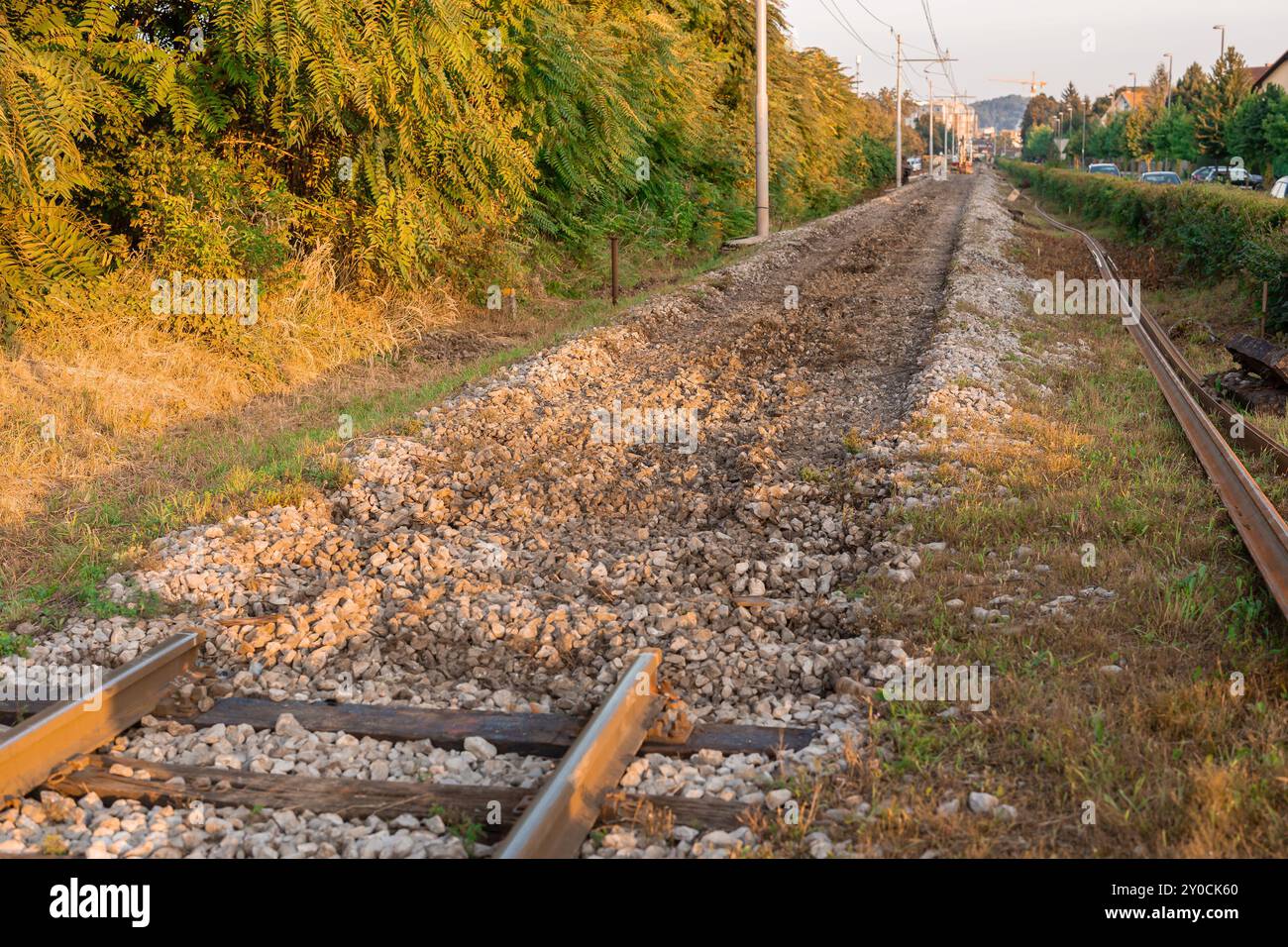 Renovating a railroad track. Workers removed tracks, sleepers and first ...