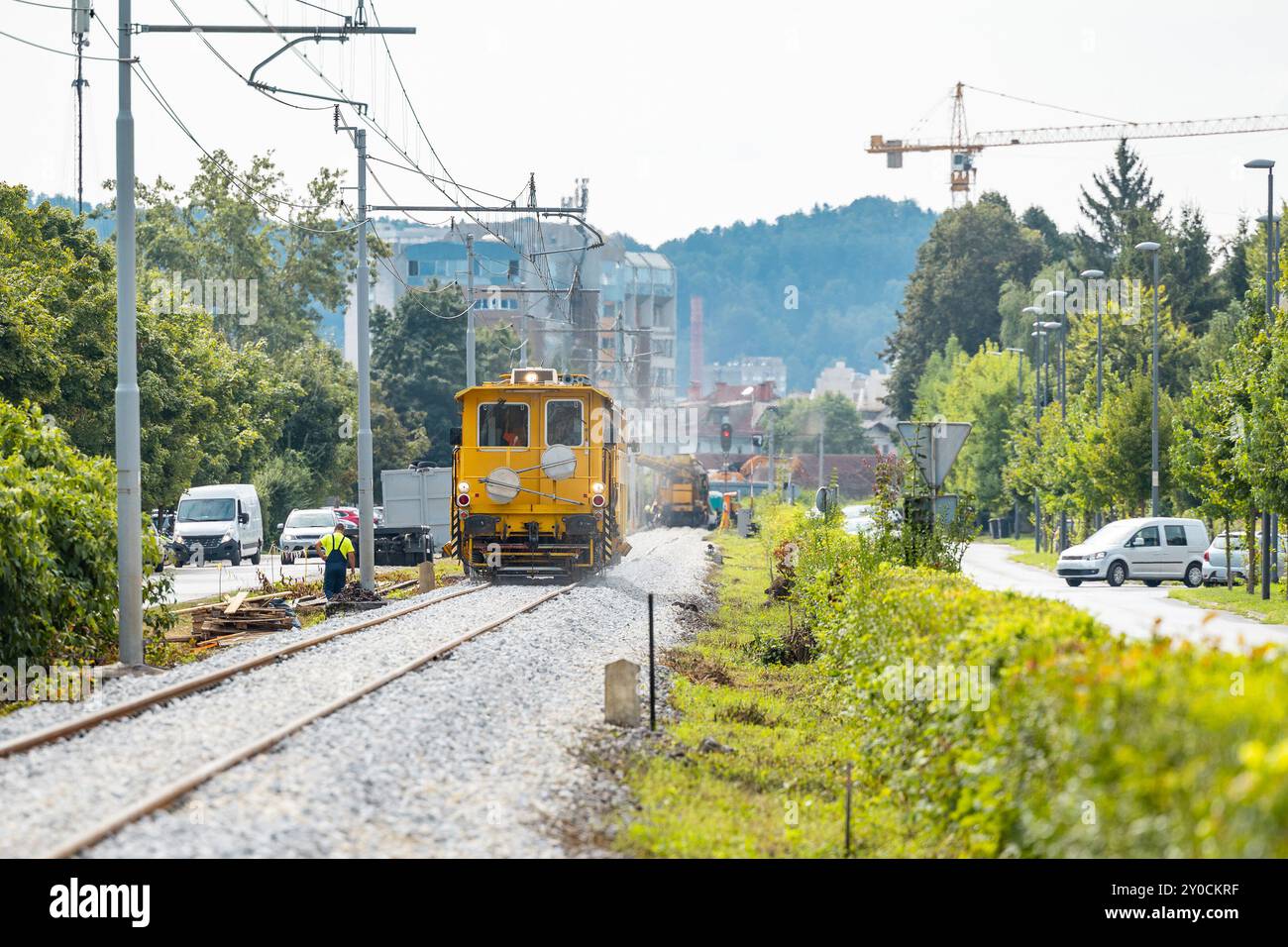 Heavy machinery on a railway tack that is under renovation. Fresh track ...