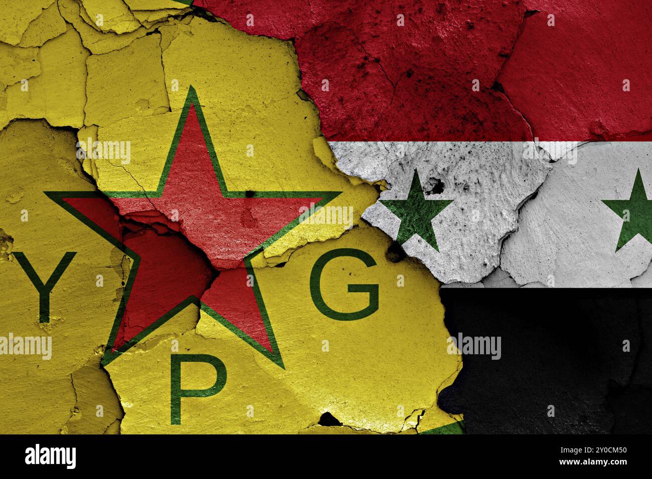Flags of YPG and Syria painted on cracked wall Stock Photo - Alamy