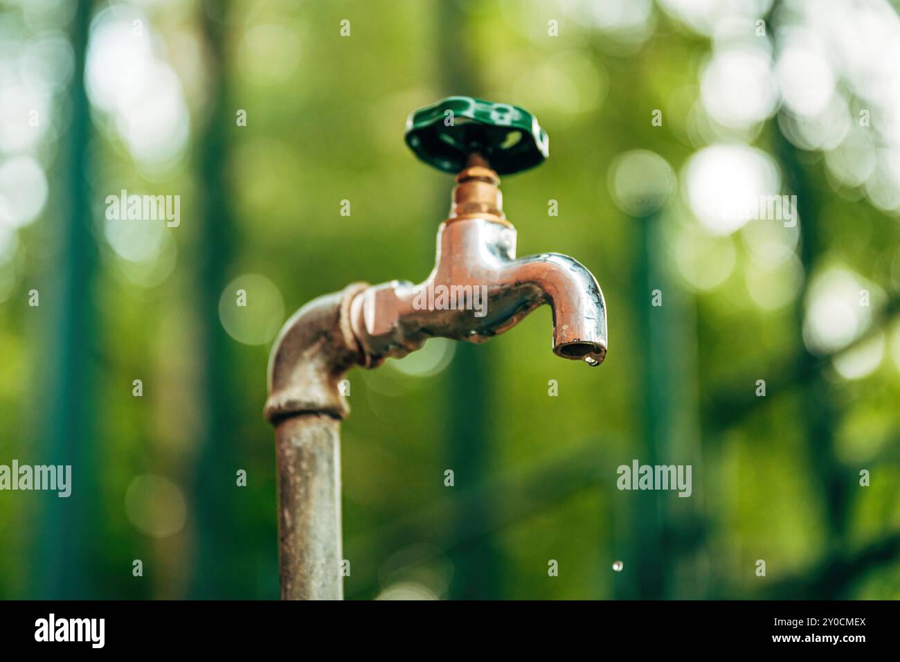 Water supply, outdoor garden faucet with green handle and water ...