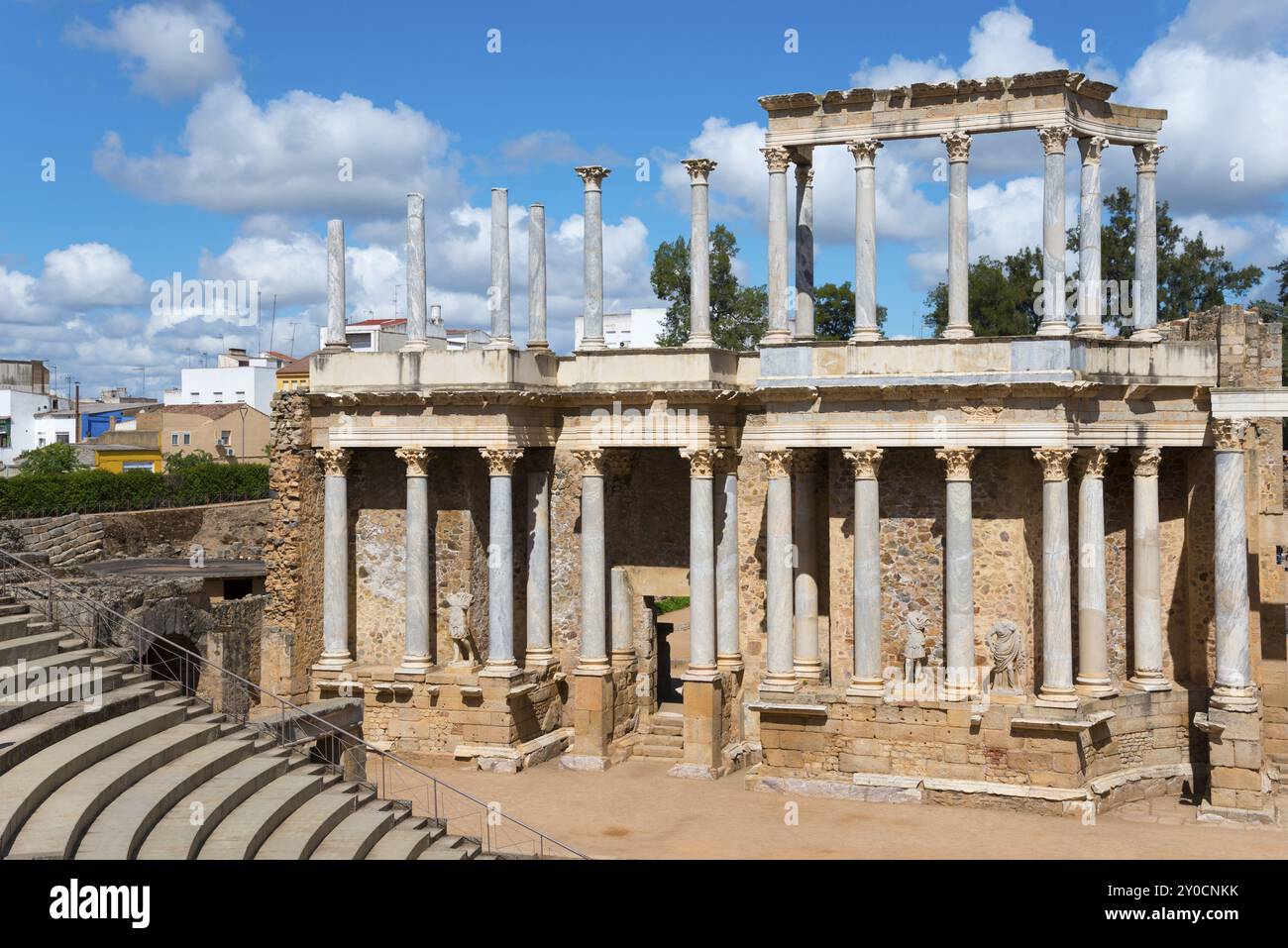 Ancient Roman theatre with columns and stairs, in the background a ...