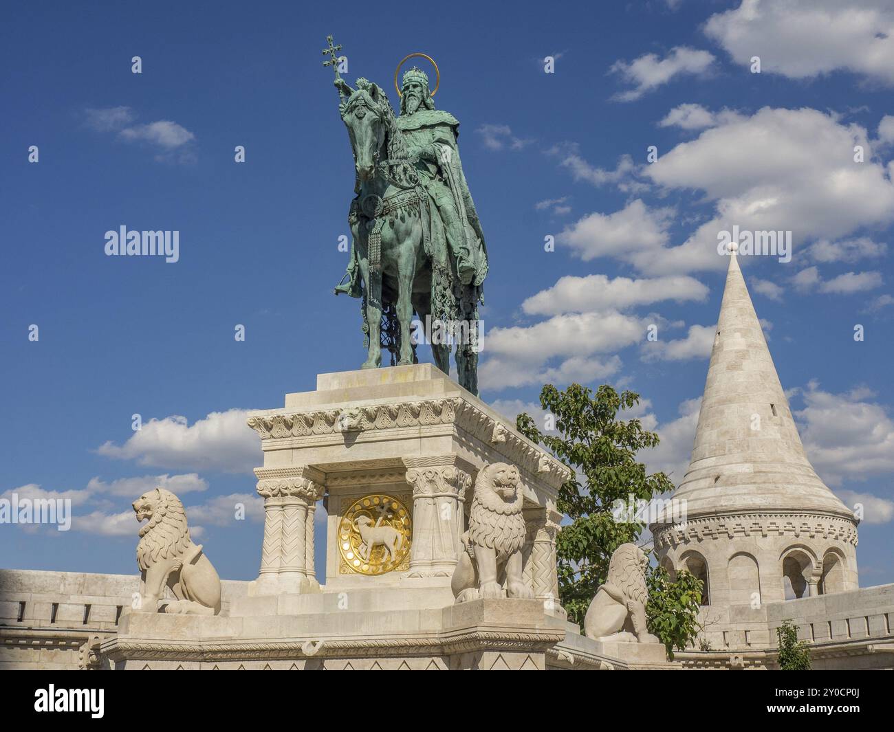 Historic equestrian statue with lion statues on a stone pedestal under ...