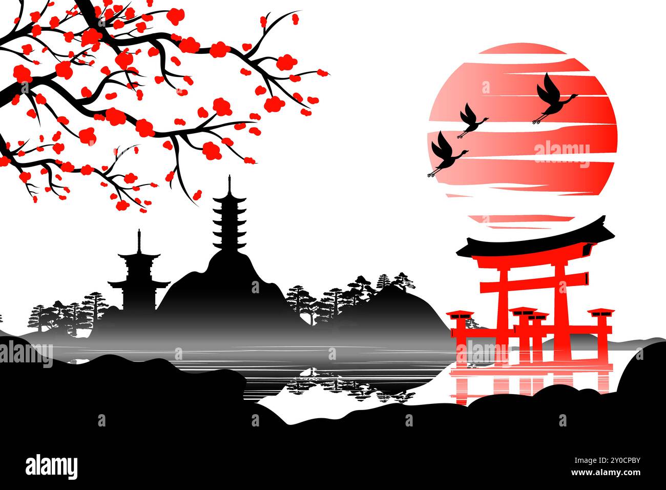 Japanese art with ancient design of Torii gate and the beautiful nature ...