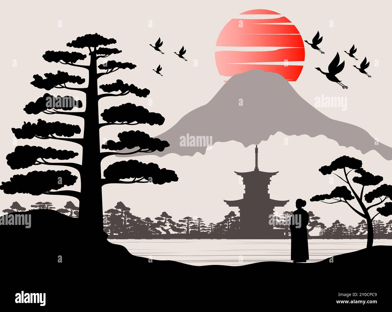 Japanese art with ancient design of kimono woman looks to the pagoda ...