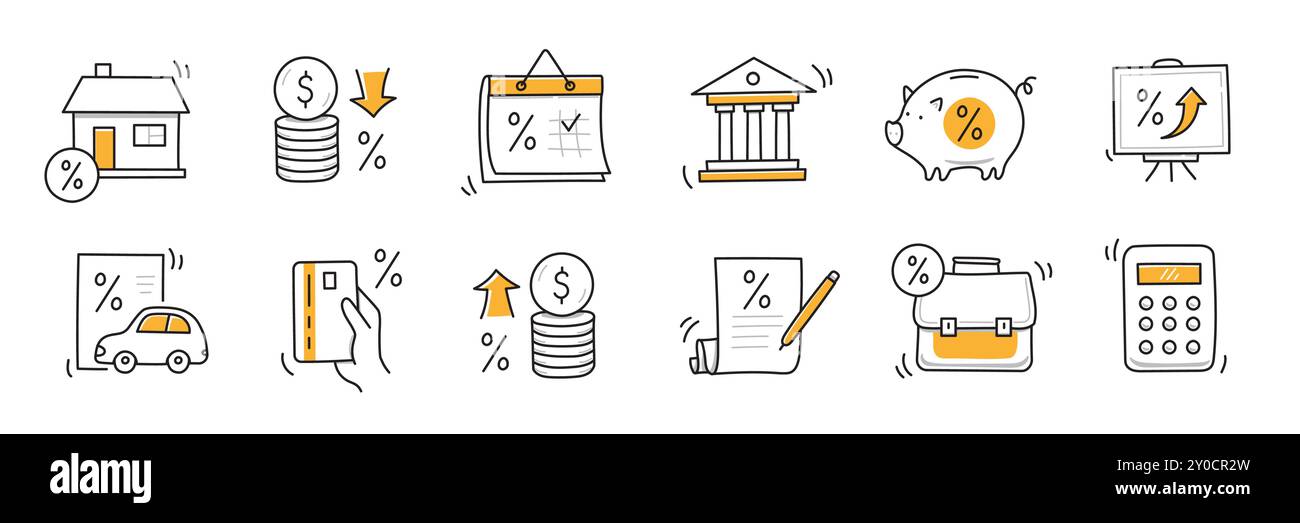 Loan interest rate doodle icon set. Hand drawn sketch doodle line style ...