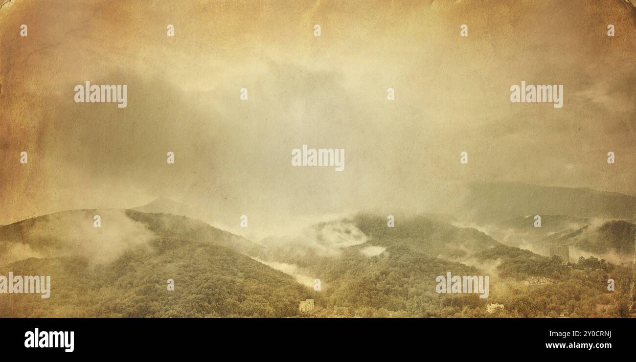 Vintage photo of foggy mountain valley landscape. Great Smoky Mountain ...