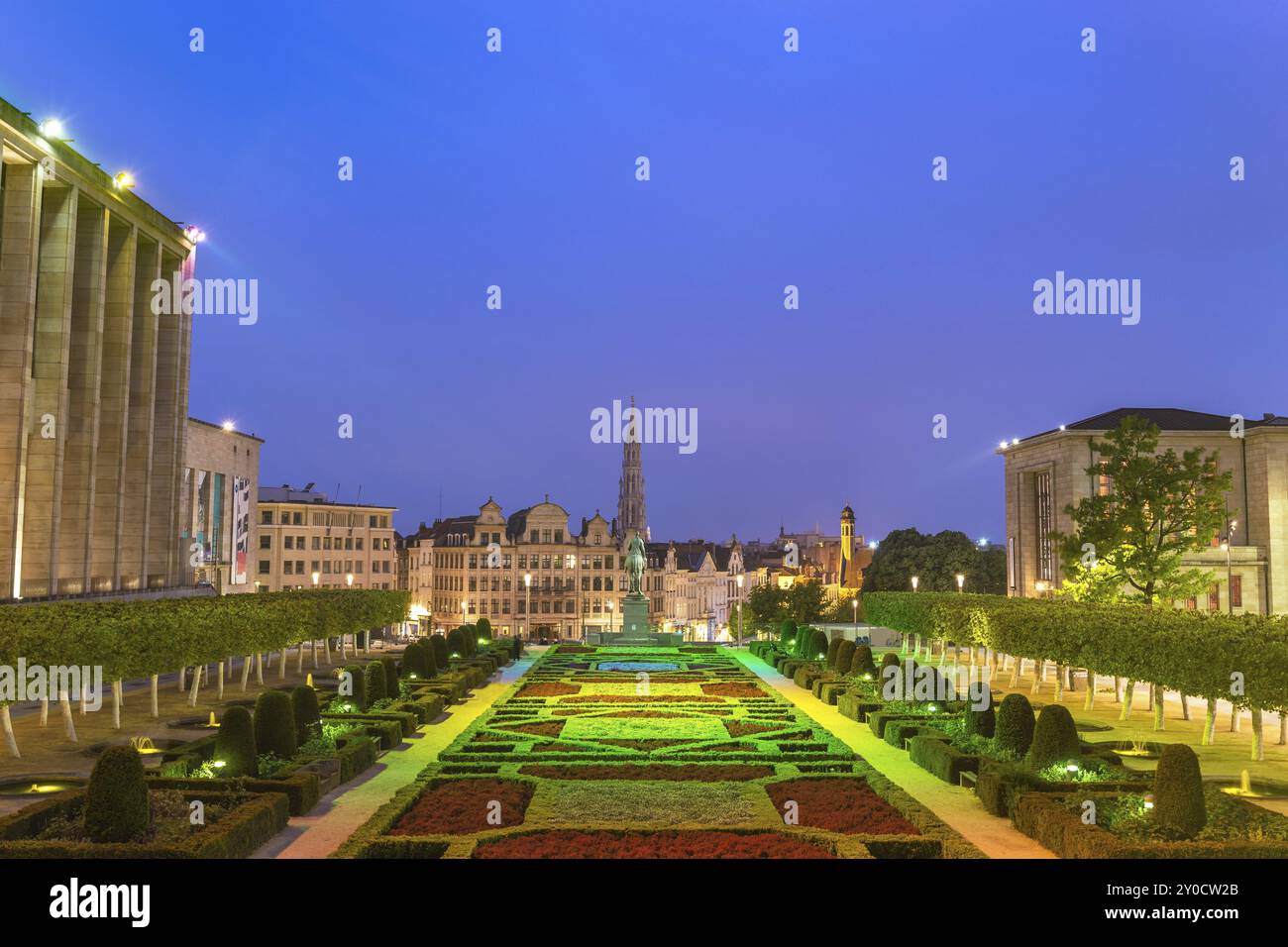 Brussels night city skyline at Mont des Arts Garden, Brussels, Belgium ...