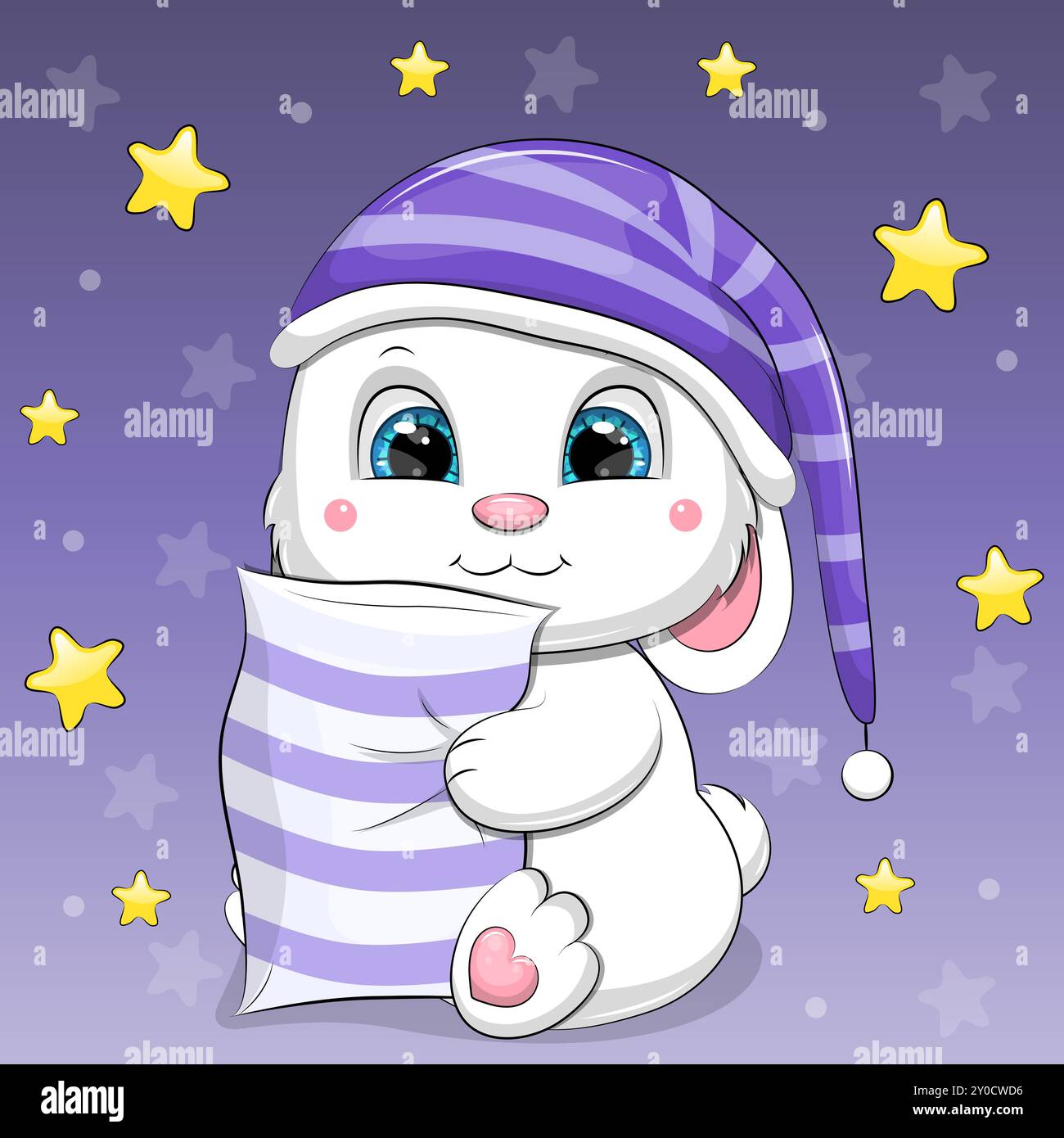 Cute cartoon white rabbit is wearing a nightcap and holding a pillow ...