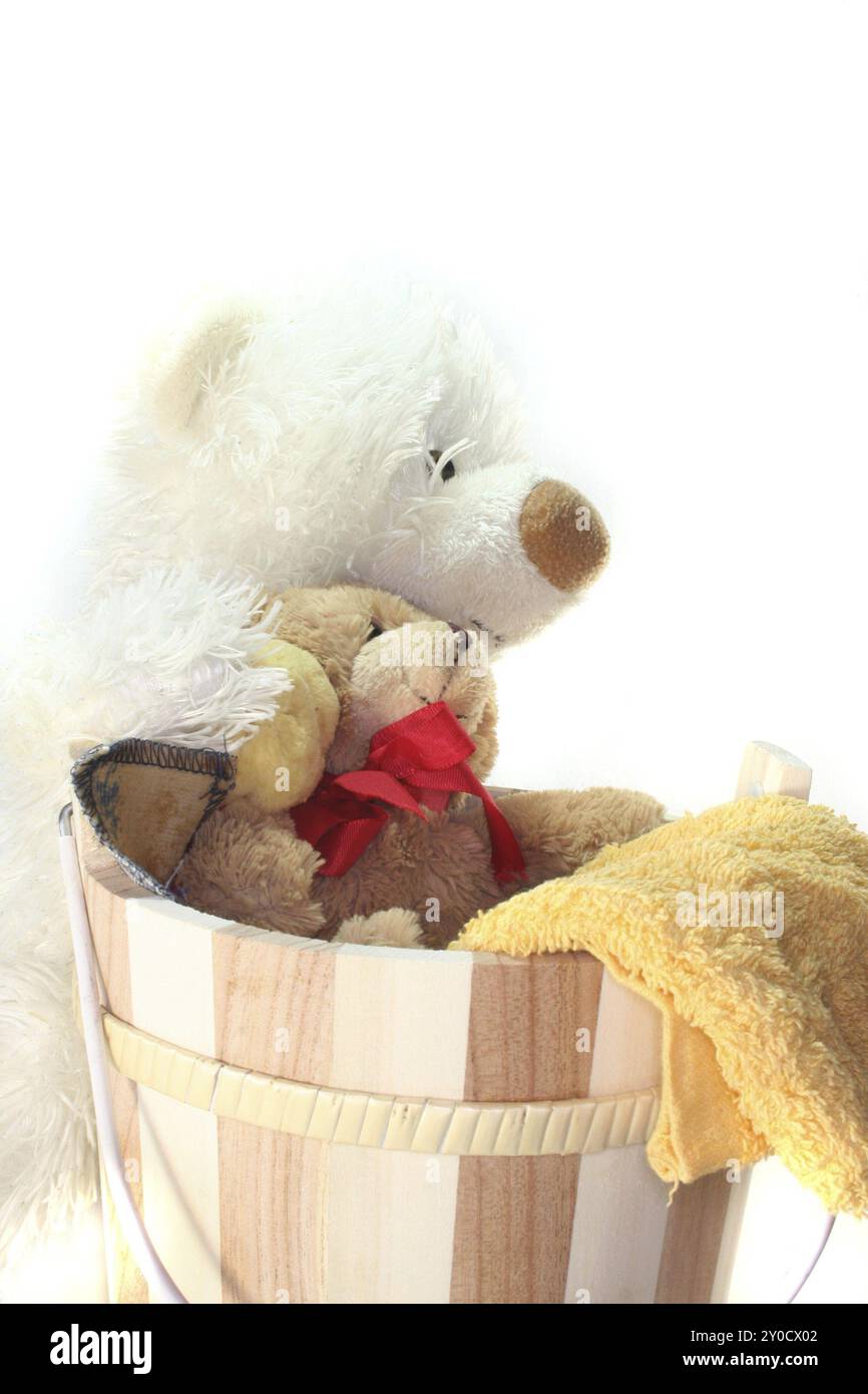 Teddy washes Teddy with a sponge in the bathtub in front of a white ...