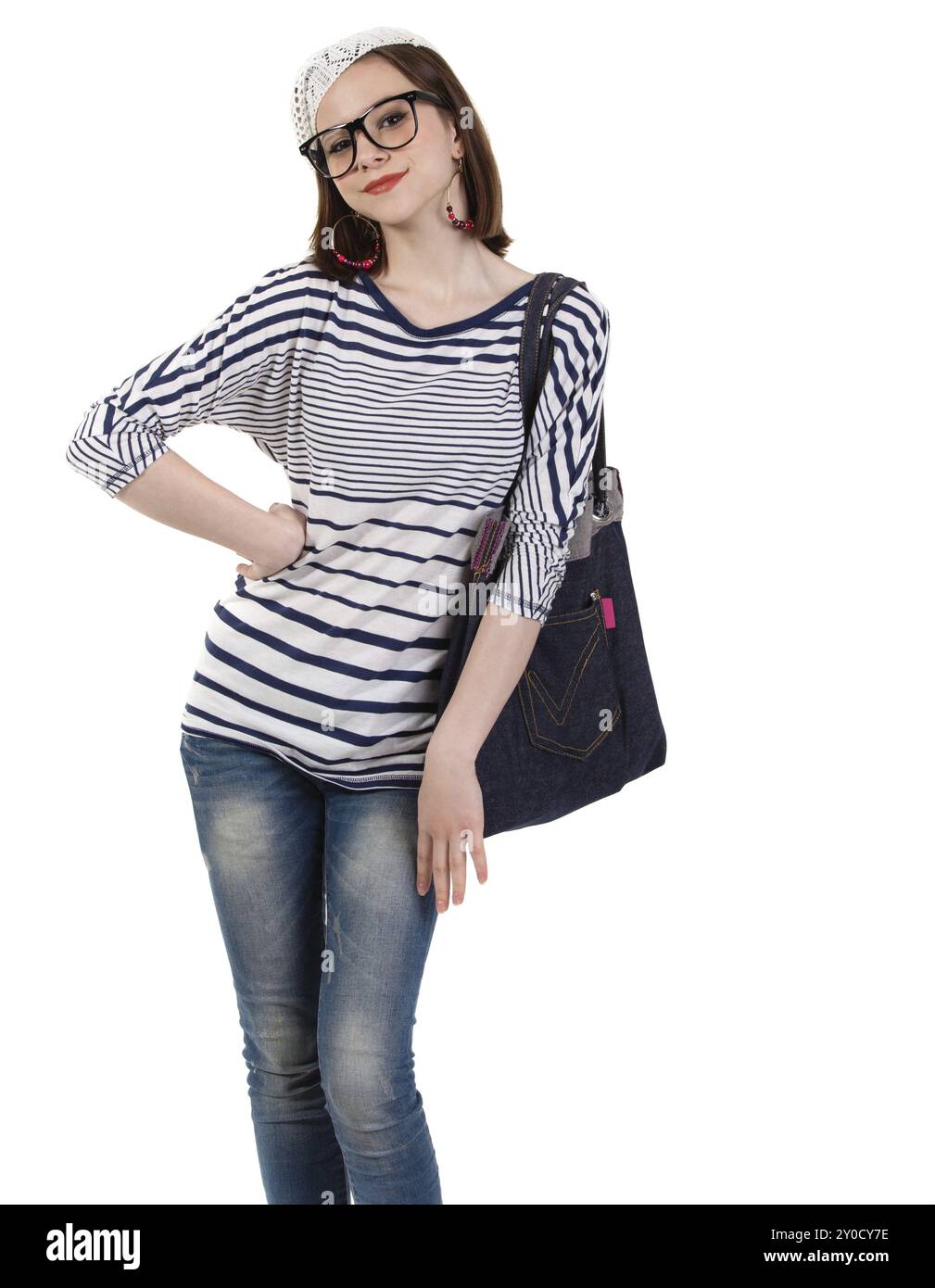 Young cute brunette girl in parisian style. Isolated Stock Photo - Alamy