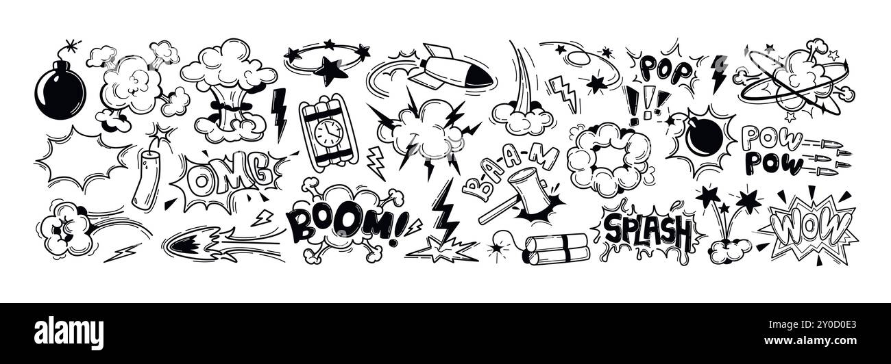 Set of black comic book sound blast, cartoon bomb explosions, crash or bang effect. Doodle hand ...