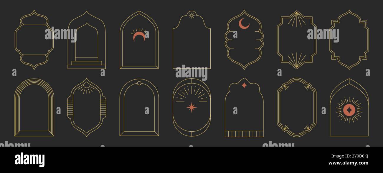 Trendy boho arch set. Geometric thin line art islamic window shape. Y2k ...